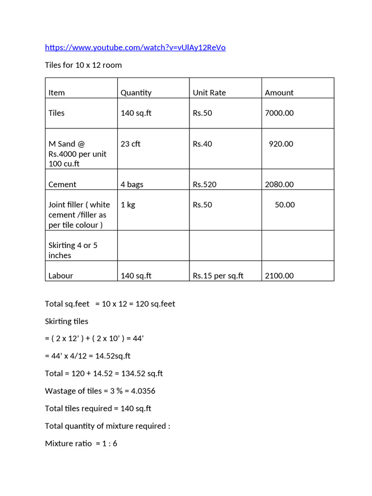 Tile Calculation For 10 X 12 | PDF