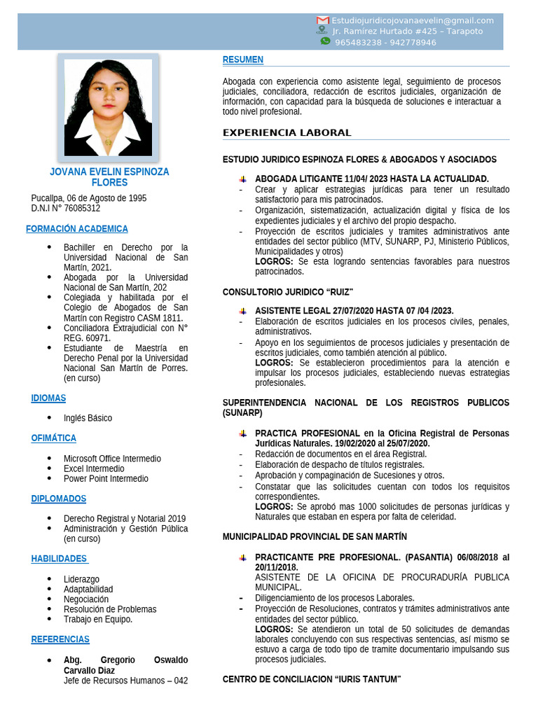 Jovana Evelin Espinoza Flores CV | PDF | Abogado | Ley procesal