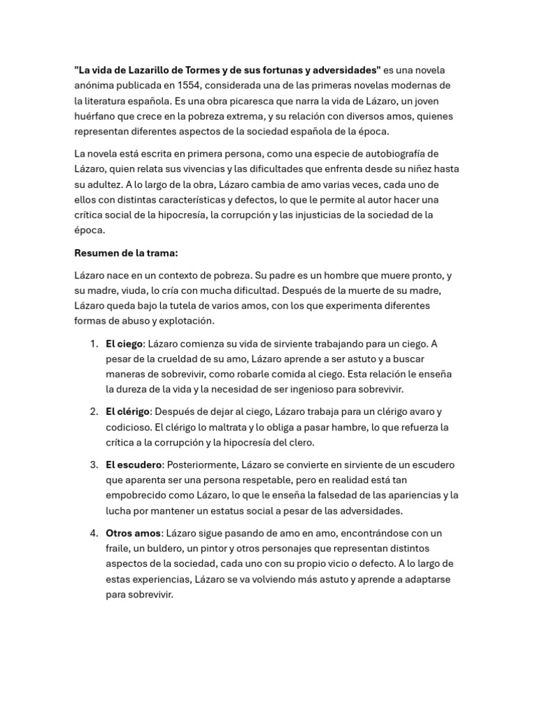 Resumen El Lazarillo de Tormes | PDF