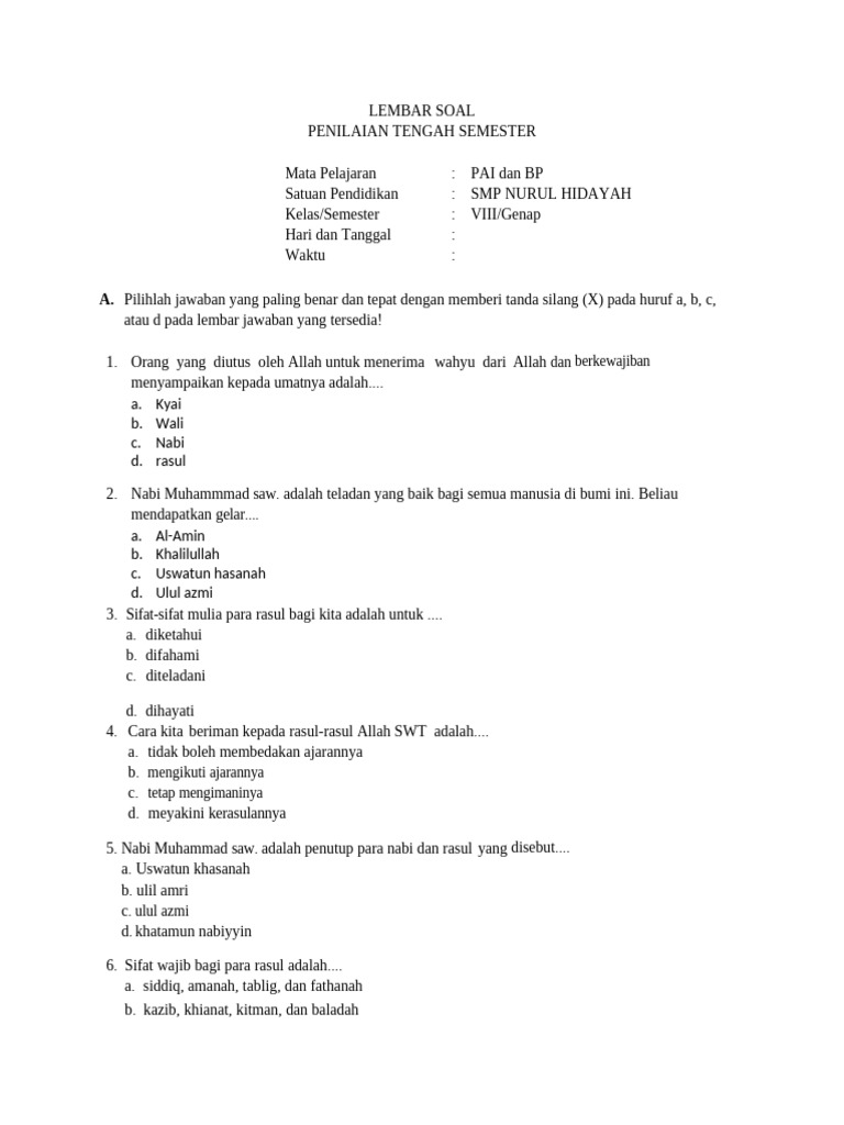 Soal Dan Jawaban PTS PAI Kelas 8 Genap | PDF