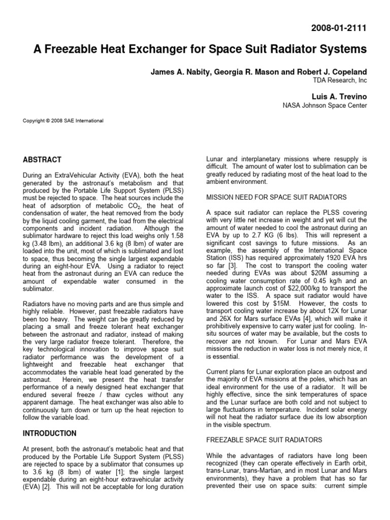 A Freezable Heat Exchanger For Space Sui | PDF | Heat Exchanger | Space ...