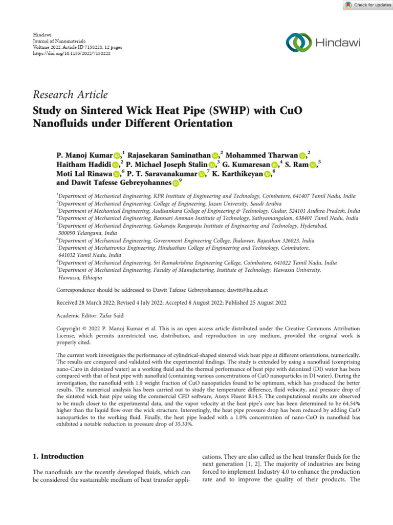 Journal of Nanomaterials - 2022 - Kumar - Study On Sintered Wick Heat ...