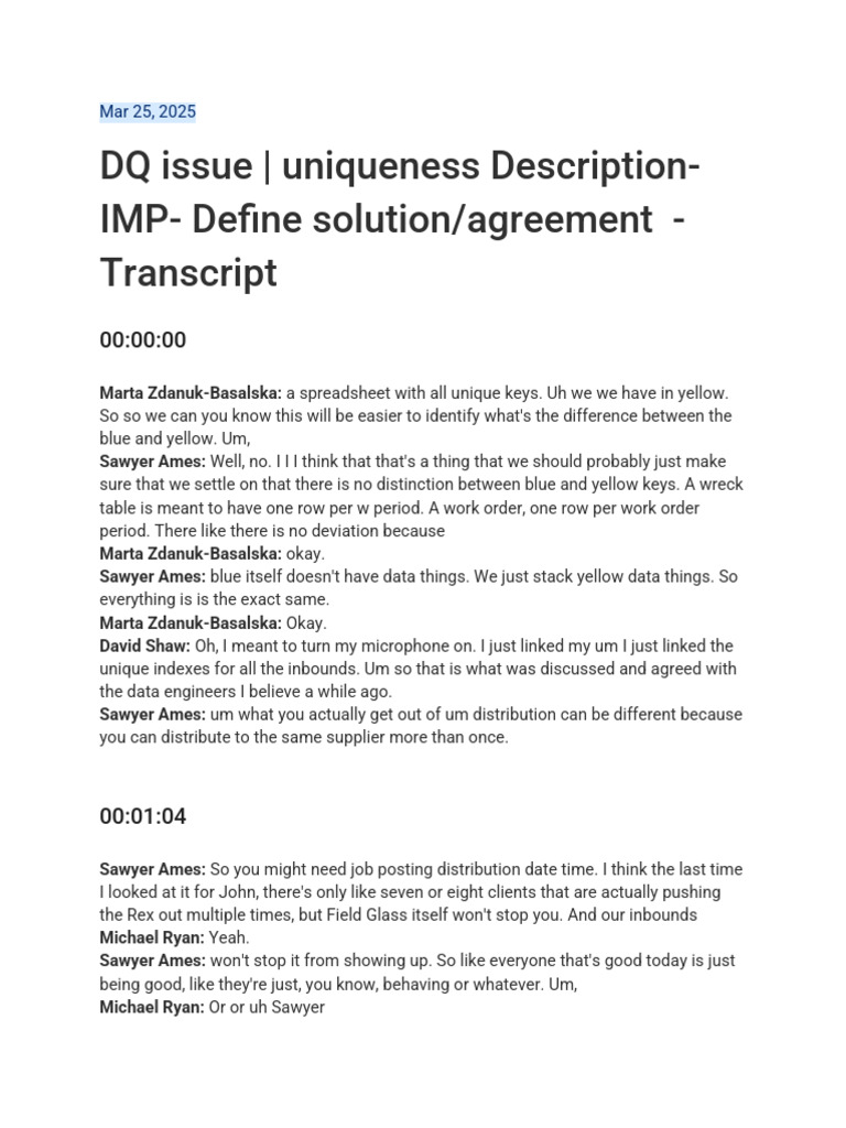 DQ Issue - Uniqueness Description - IMP - Define Solution - Agreement ...