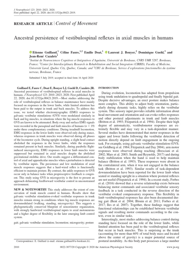Ancestral persistence of vestibulospinal reflexes in axial muscles in ...