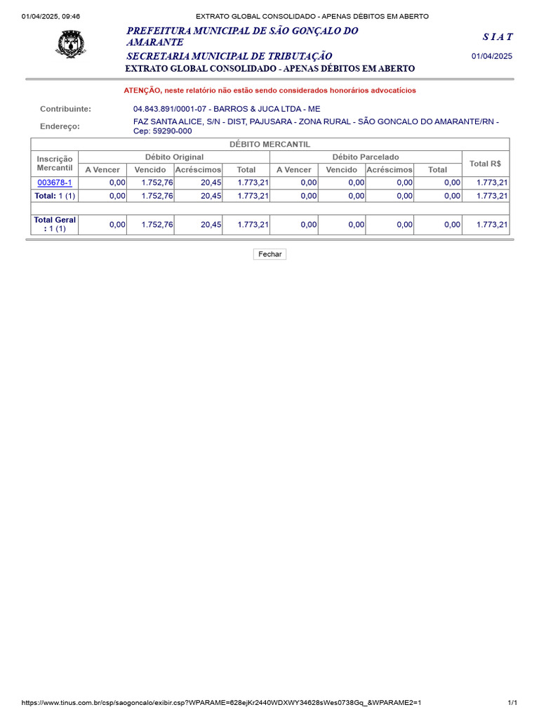 EXTRATO GLOBAL CONSOLIDADO - APENAS DÉBITOS EM ABERTO | PDF
