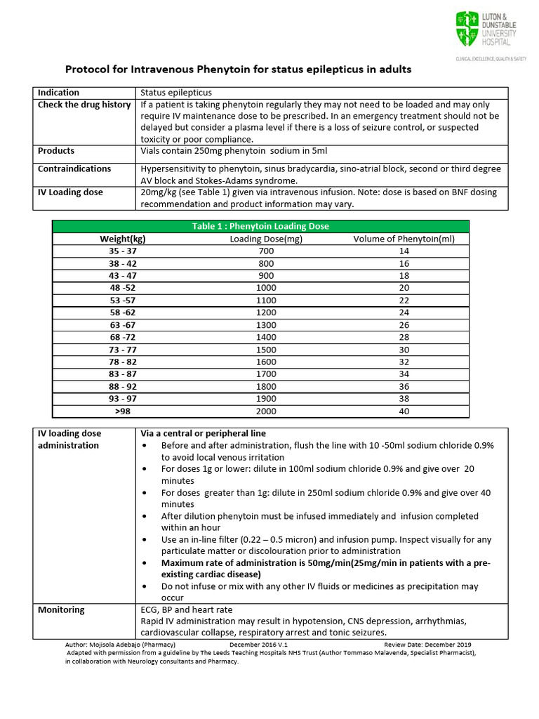 IV Phenytoin Protocol for Status Epilepticus | PDF | Dose (Biochemistry ...
