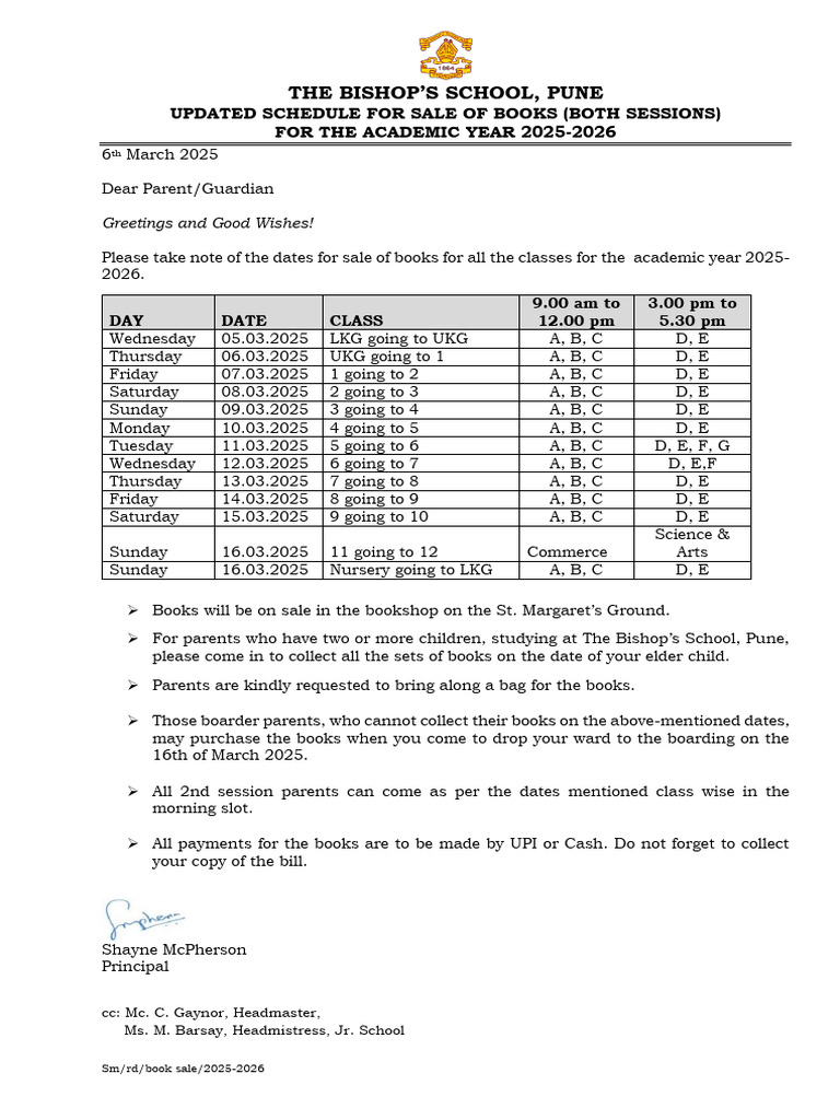 Bishop's School Pune Book Sale Schedule | PDF