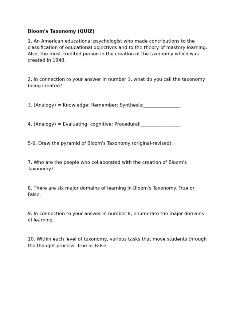 Blooms and Anderson Taxonomy and Question | PDF | Learning ...