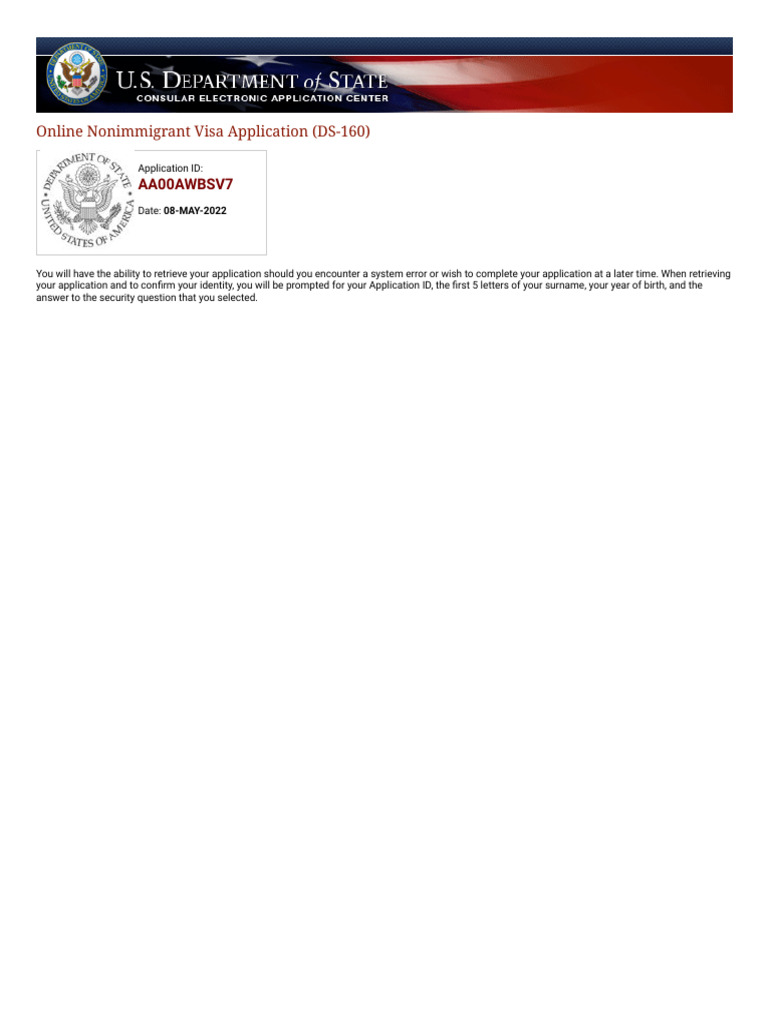 DS-160 Application ID Retrieval Guide | PDF