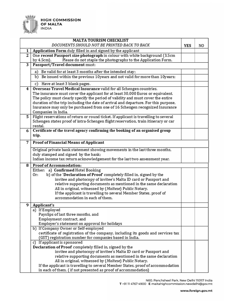 Malta Tourist Visa Document Checklist | PDF | Identity Document | Passport