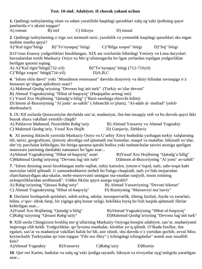 Adabiyot 10 Sinf Test 2 Chorak | PDF