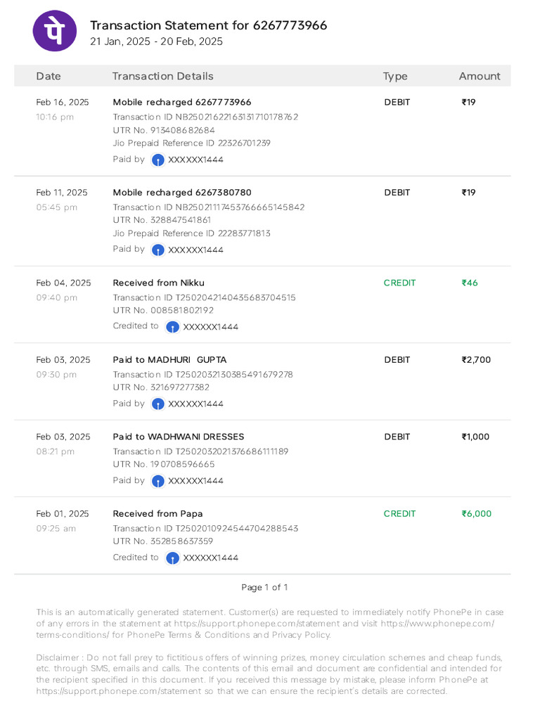 PhonePe Statement Jan2025 Feb2025 | PDF | Debit Card | Payments