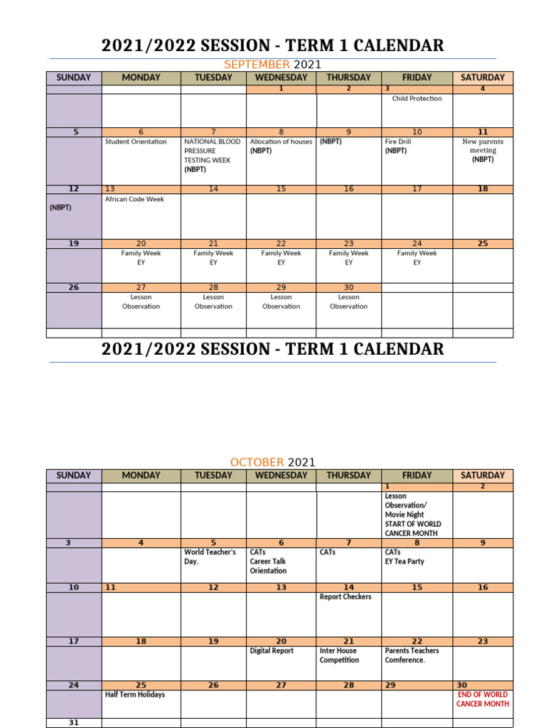 1st CALENDAR TBIS 2021-2022 | PDF | Easter | Holidays