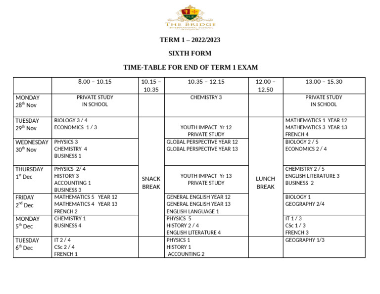 6th Form First Term Exam TT | PDF