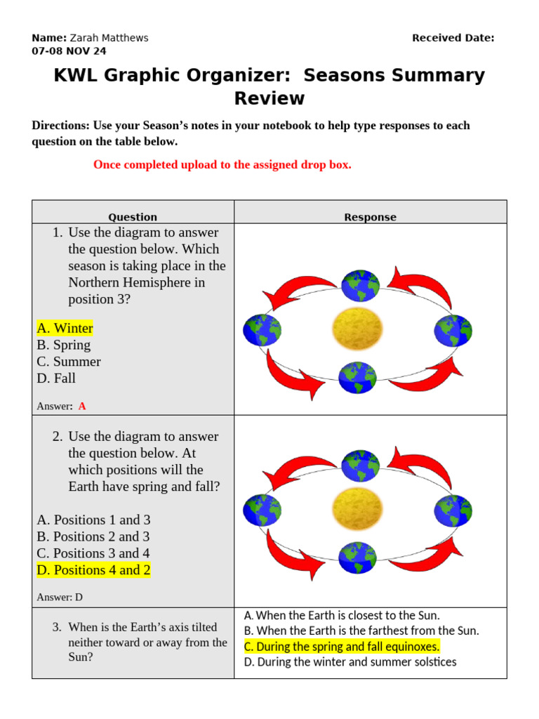 Seasons Graphic Organizer 2nd Quarter Review REV FY 24 | PDF