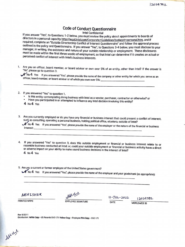Intel Code of Conduct Questionnaire | PDF | Conflict Of Interest