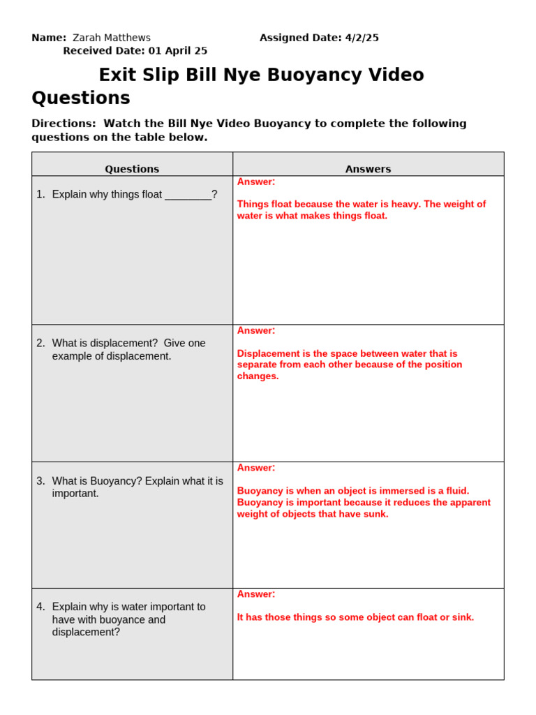 Exit Slip Bill Nye Buoyancy Video Questions FY25 | PDF
