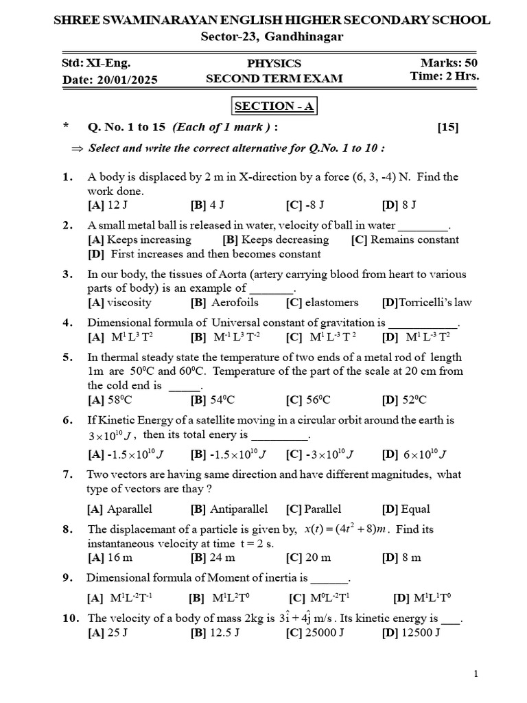 Std.11, PHY. 2nd Term 2024-25 | PDF | Gases | Velocity