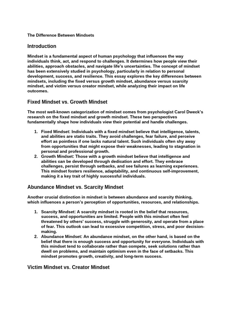 The Difference Between Mindsets Pdf Mindset Psychology