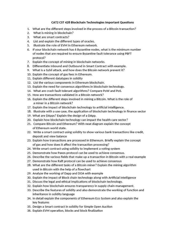 CAT2Blockchain Technologies Important Questions | PDF | Bitcoin ...