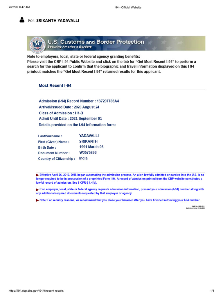 I-94 Admission Record for Srikant Yadavalli | PDF | United States ...