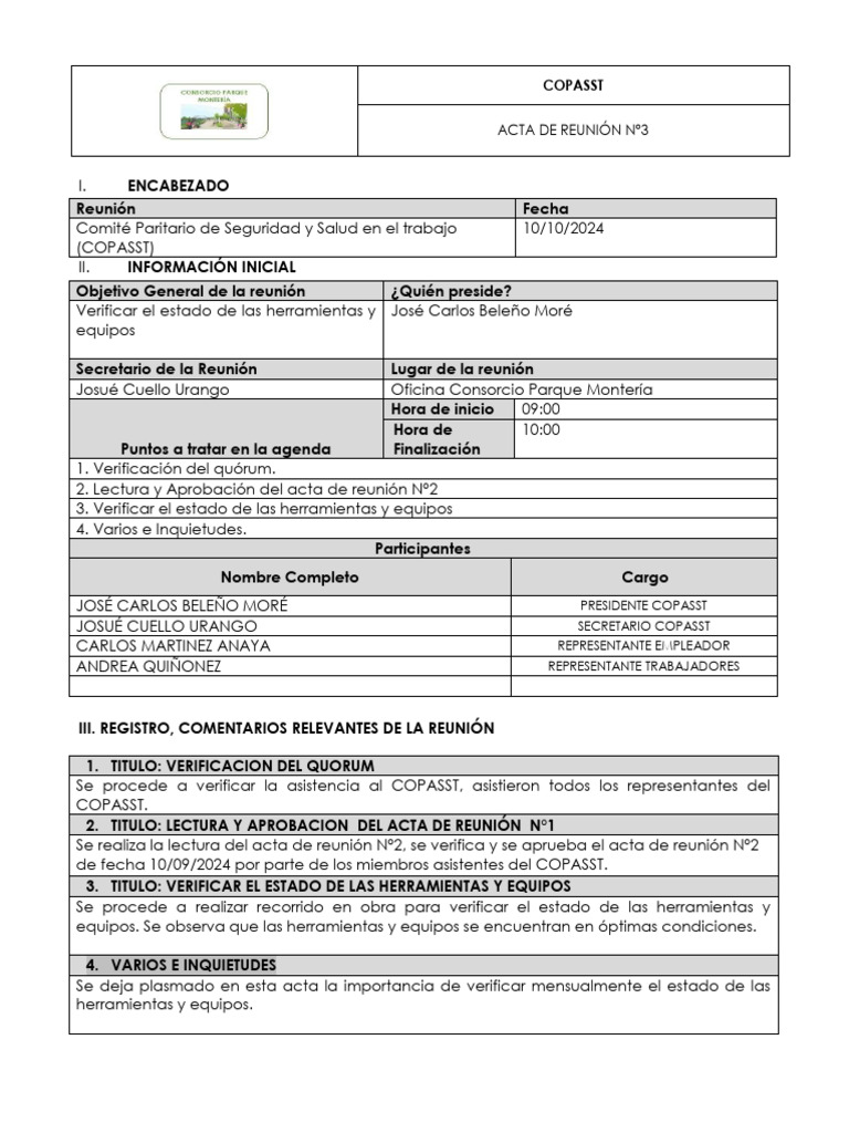Acta COPASST Reunión N°3 - 10/10/2024 | PDF