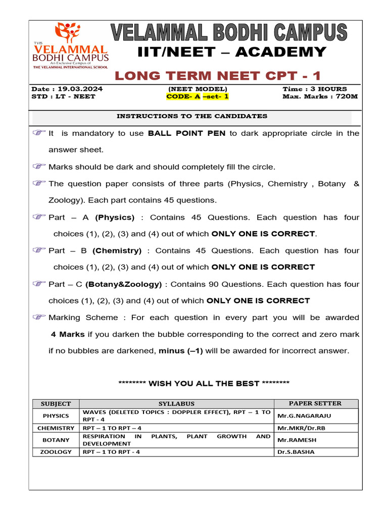 LT - CPT - 1 - Set - 1 Off Line QP - 19.03.2024 | PDF | Endocrine ...