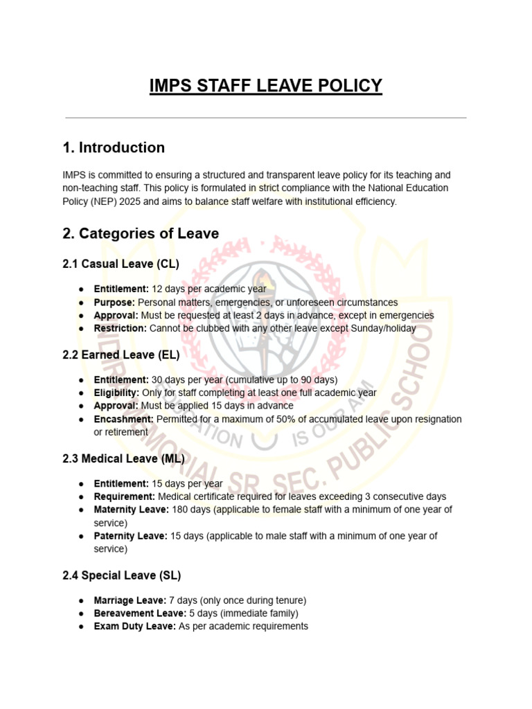 IMPS Staff Leave Policy Overview | PDF | Parental Leave
