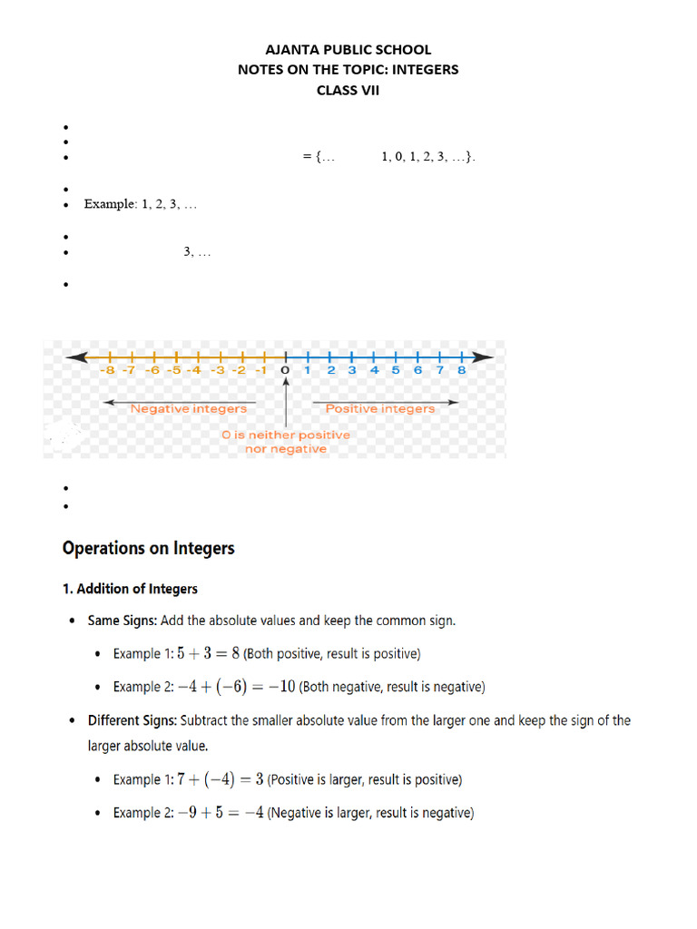 Integers: Class VII Notes Overview | PDF