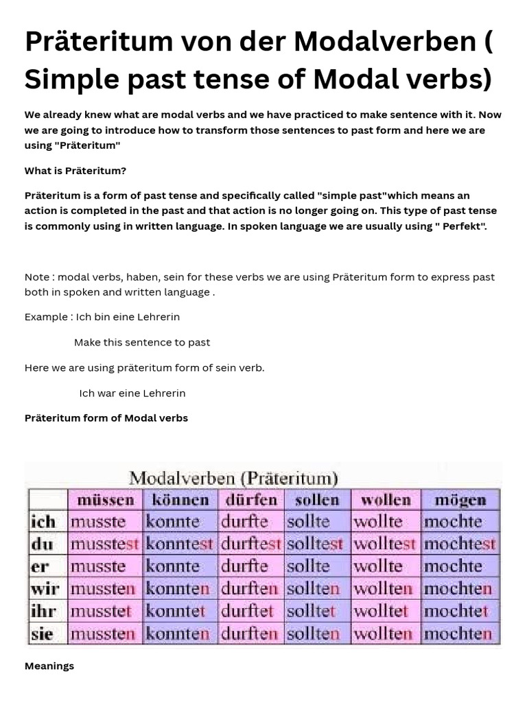 Präteritum Von Der Modalverben (Simple Past Tense of Modal Verbs) | PDF