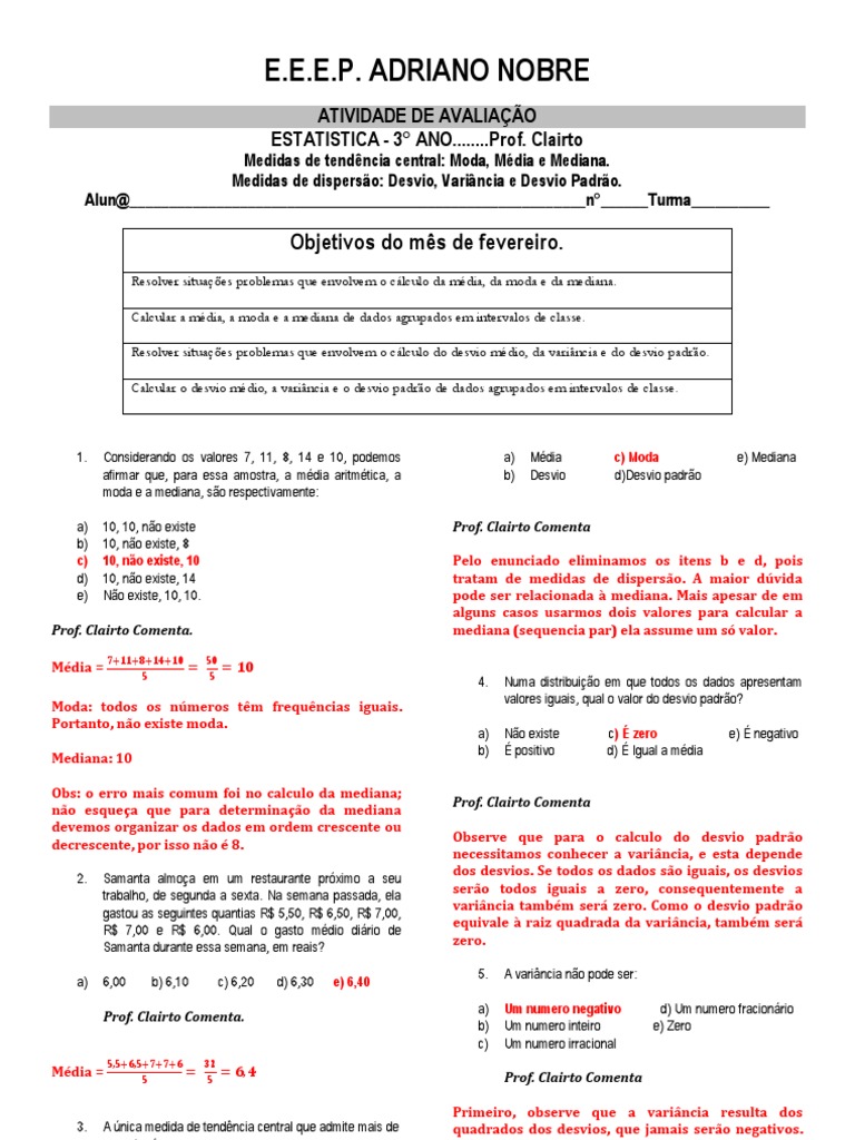 Atividade de Estatística - 3º Ano | PDF | Mediana (Estatística) | Modo ...