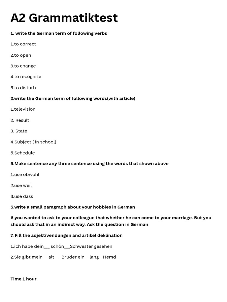 A2 German Grammar Test Instructions | PDF