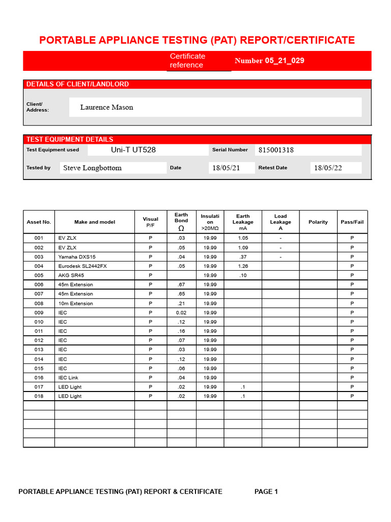 Laurence Mason PAT Testing Certificate 18 - 5 - 21 | PDF | Electrical ...