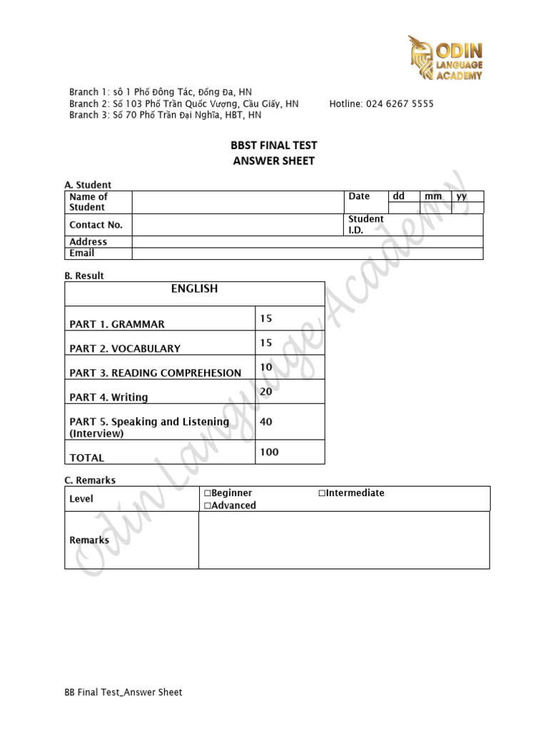 BB FINAL-TEST - Answer Sheet | PDF | Cognition | Communication