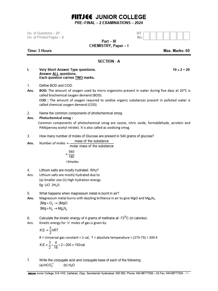 Ipe Jr Prefinal-2 Che q.paper & Answers | PDF | Energy Level | Chemical ...