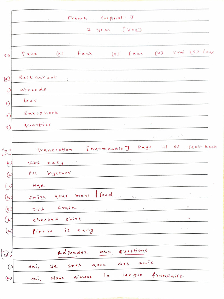 Prefinal 2 First Year French Key | PDF