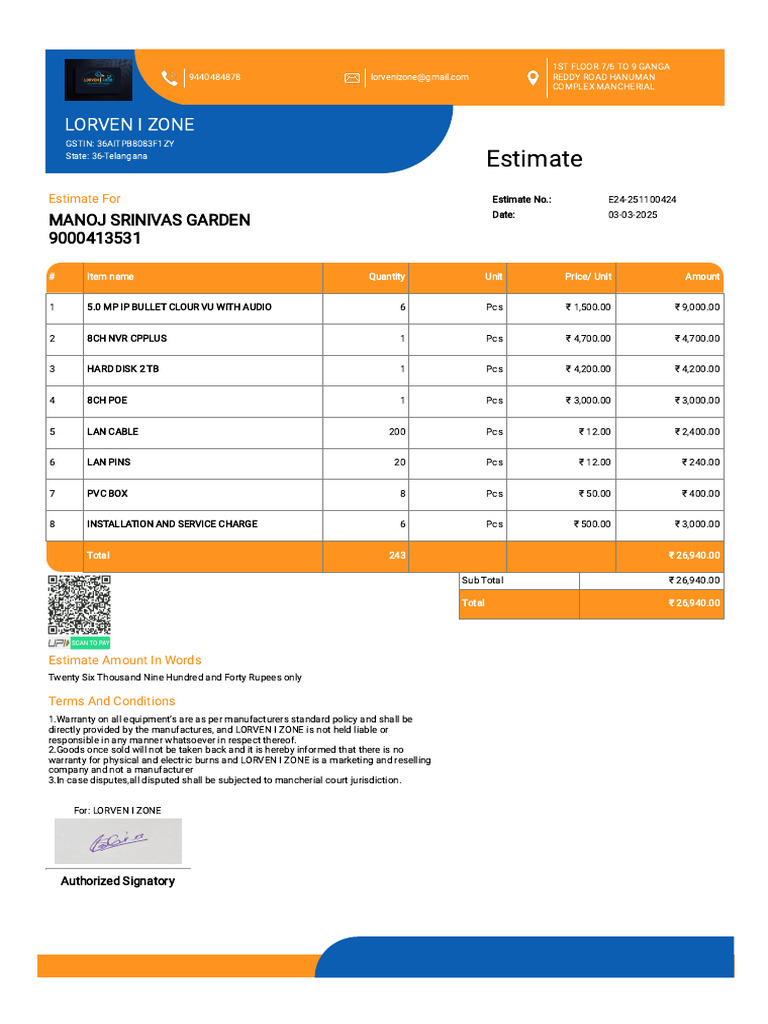 Estimate for Security Equipment Installation | PDF | Computing