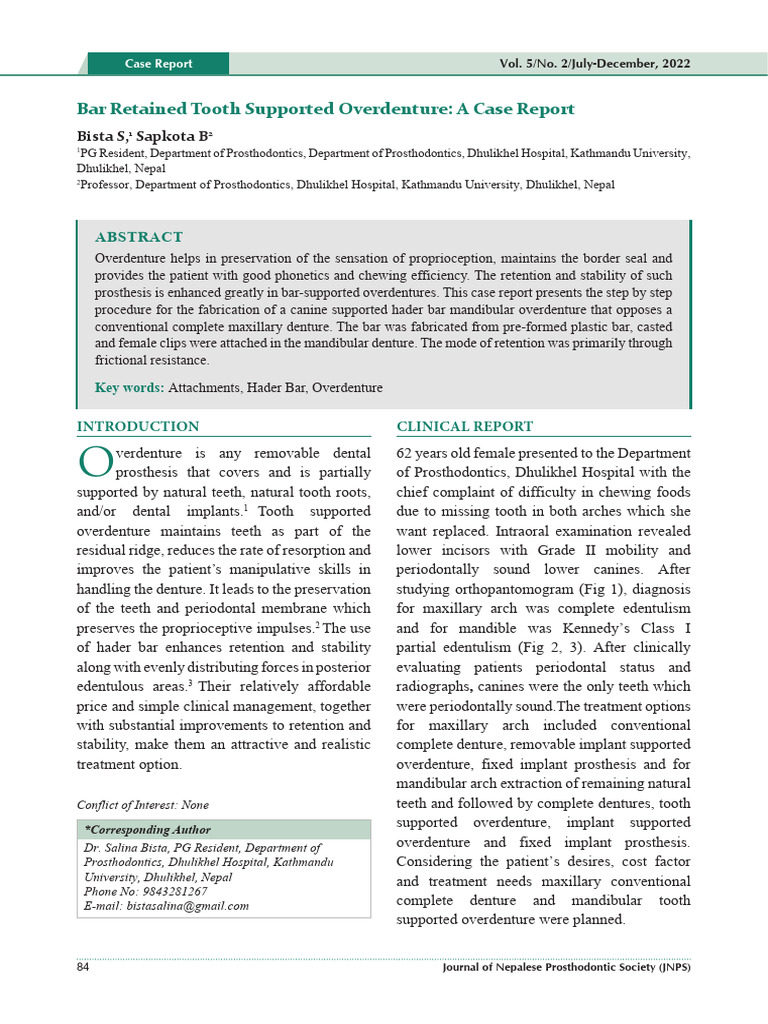 Bar Retained Tooth Supported Overdenture A Case Re | PDF | Dentistry ...