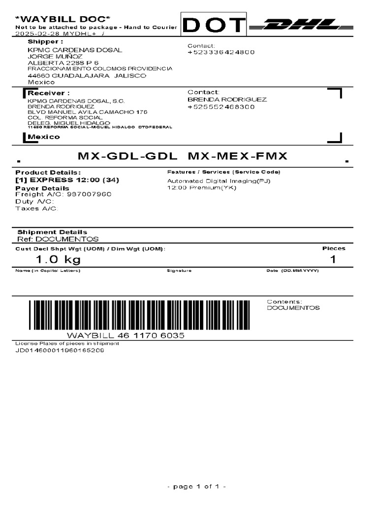 DHL HAWB 4611706035 Awb | PDF