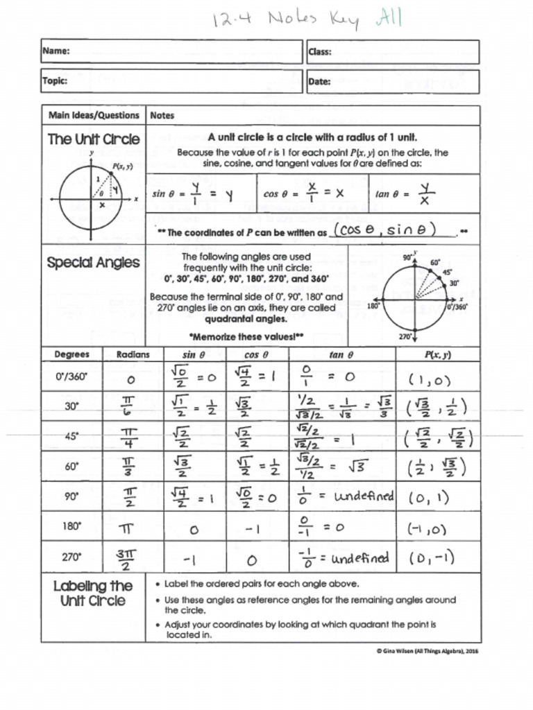 12.4 Notes Unit Circle Angles - Jaeleen Nicholas (Vision Services) | PDF