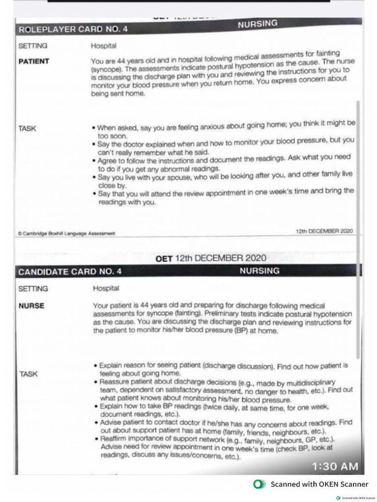 Recent Exam Oriented Oet Speaking Cards | PDF