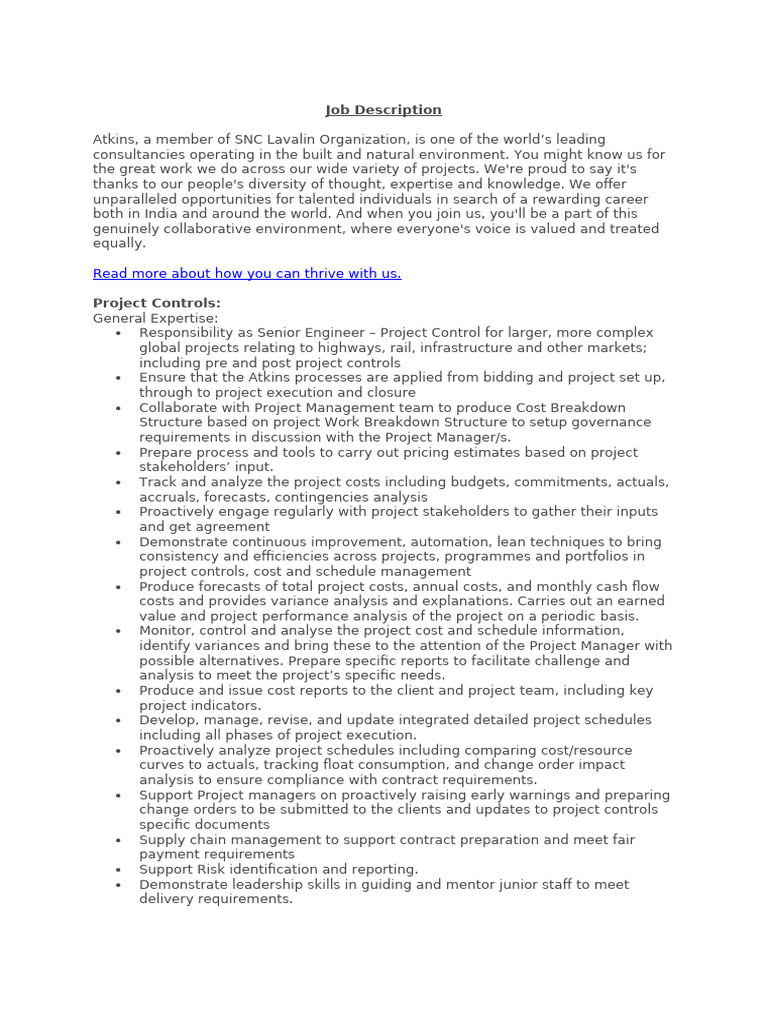 JD - Engineer I - Project Controls | PDF | Recruitment | Project Management