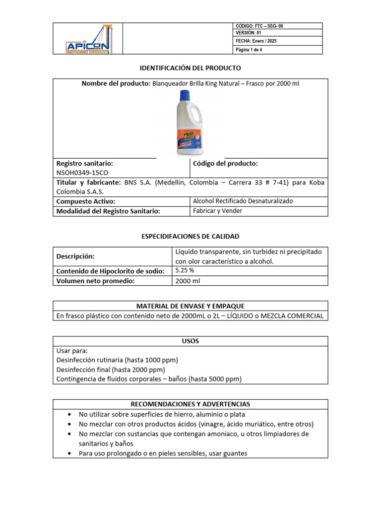 Ficha Técnica Blanqueador Brilla King | PDF | Concentración | Agua