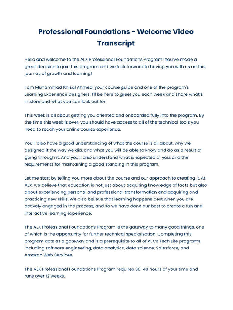 Week 1 - Welcome Video - Professional Foundations | PDF | Experience ...