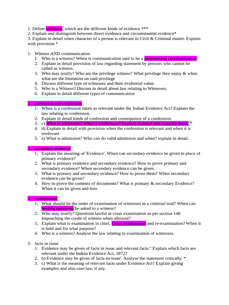 Key Questions on Evidence Law | PDF | Evidence (Law) | Witness