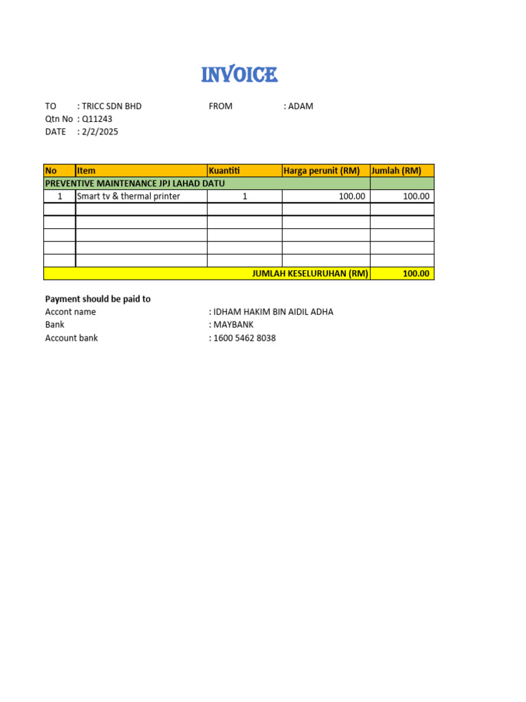 Invoice for TRICC SDN BHD Services | PDF
