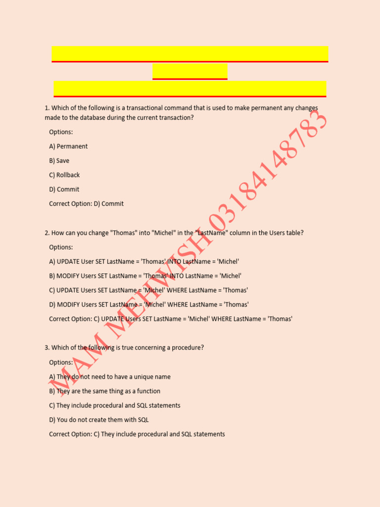 CS405 MCQs Mids 2024 Mam Mehwish | PDF | Sql | Database Transaction
