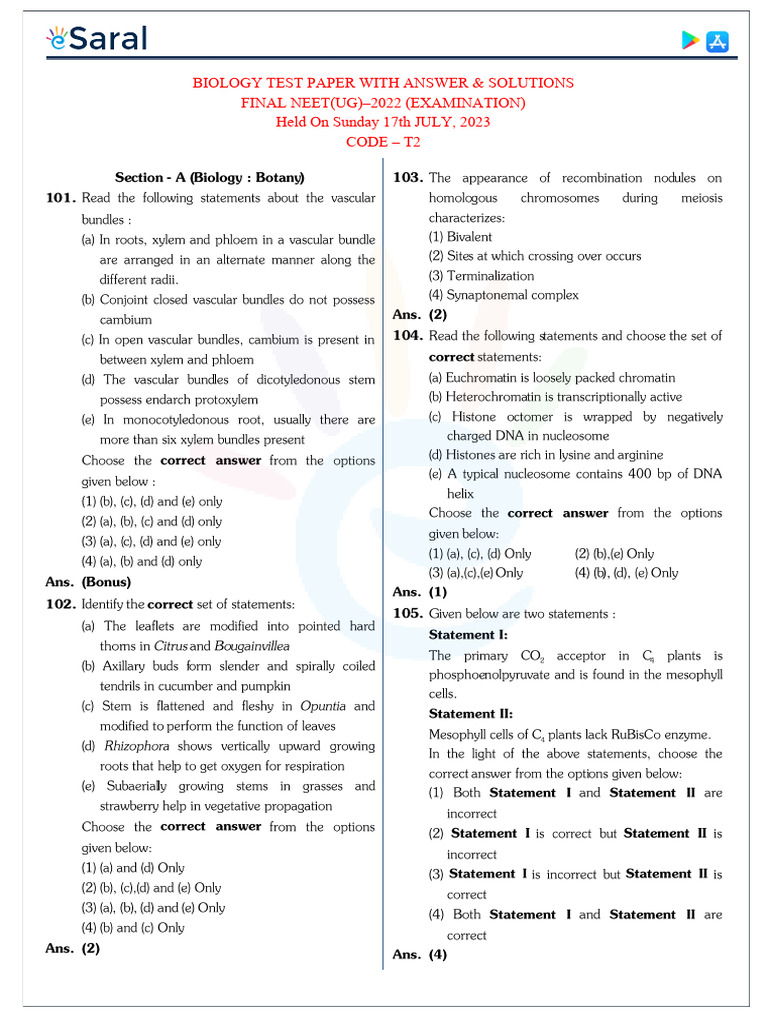 NEET Biology Test Paper Solutions | PDF | Qualifications | Medicine