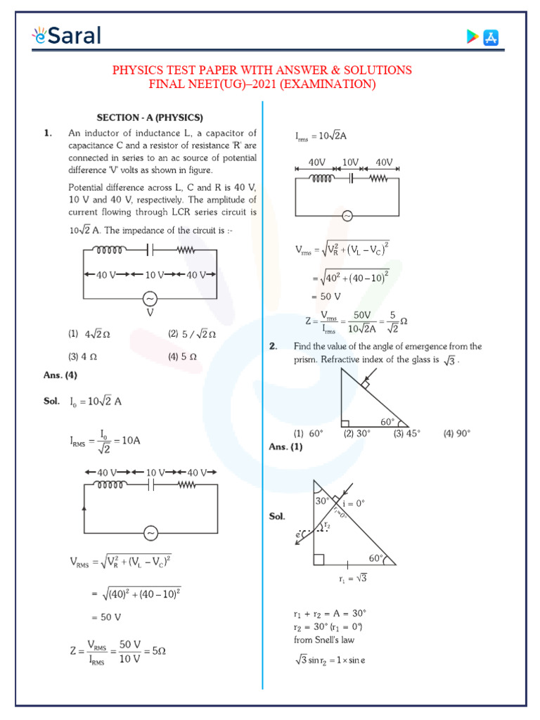 NEET 2021 Physics Question Paper & Solutions | PDF