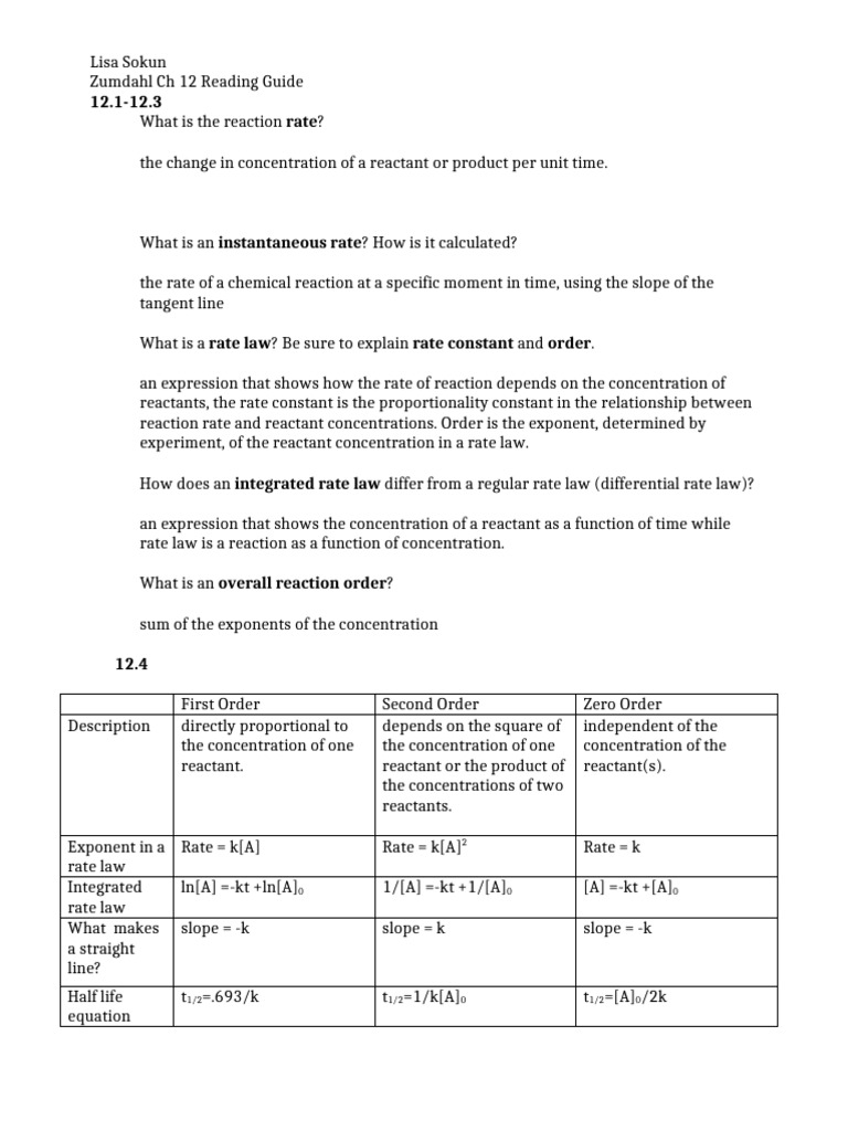 Zumdahl CH 12 Reading Guide | PDF | Reaction Rate | Chemical Reactions